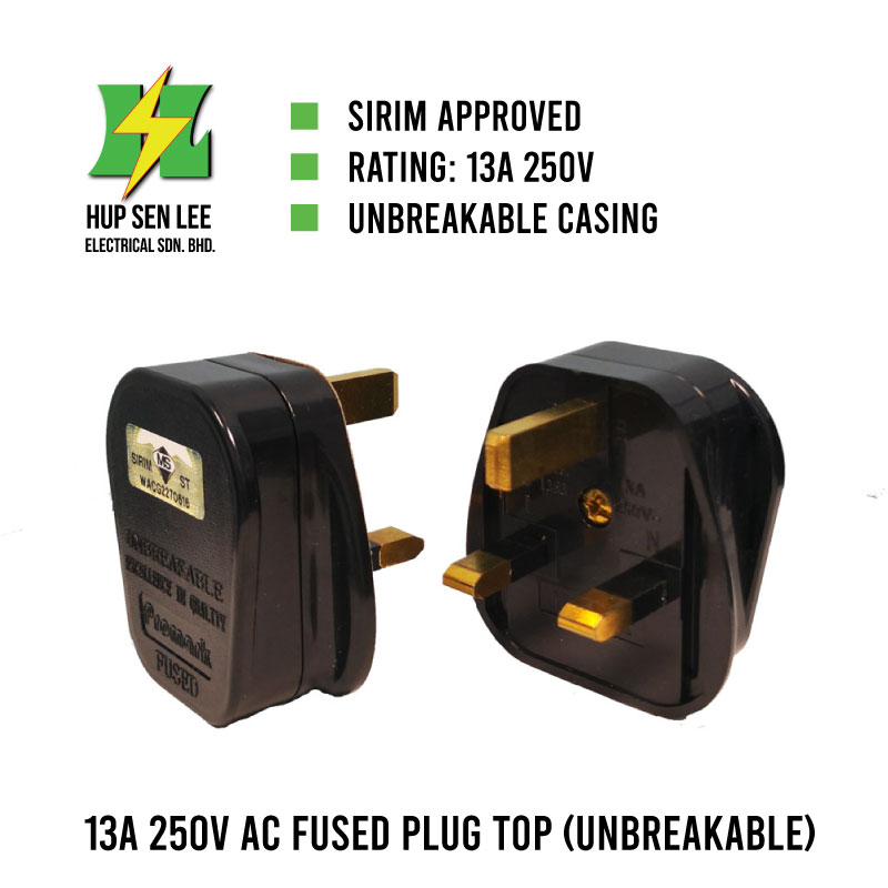 13A 250V AC Fused Resilient Plug Top with Sirim Approve - Black Colour